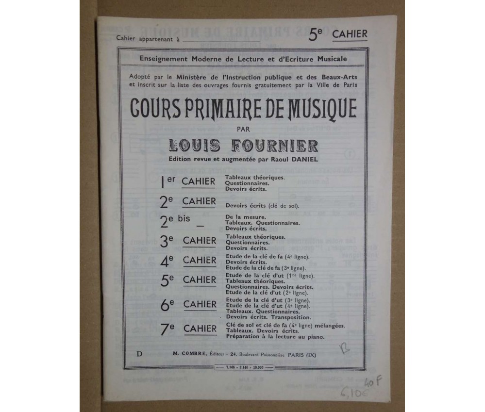 Cours primaire de musique - cahier 5 - Fournier - Ed.